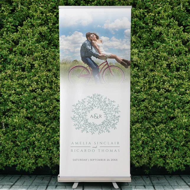Leaves circle sage green and white wedding photo retractable banner ...