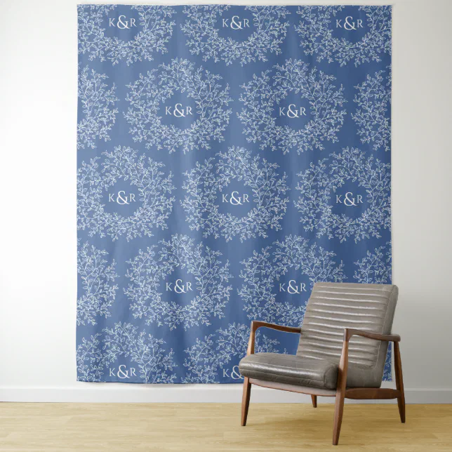 Leaves hand drawn monogram blue wedding backdrop | Zazzle