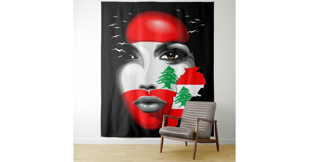 Lebanon Flag and Map on girl's face Tapestry | Zazzle