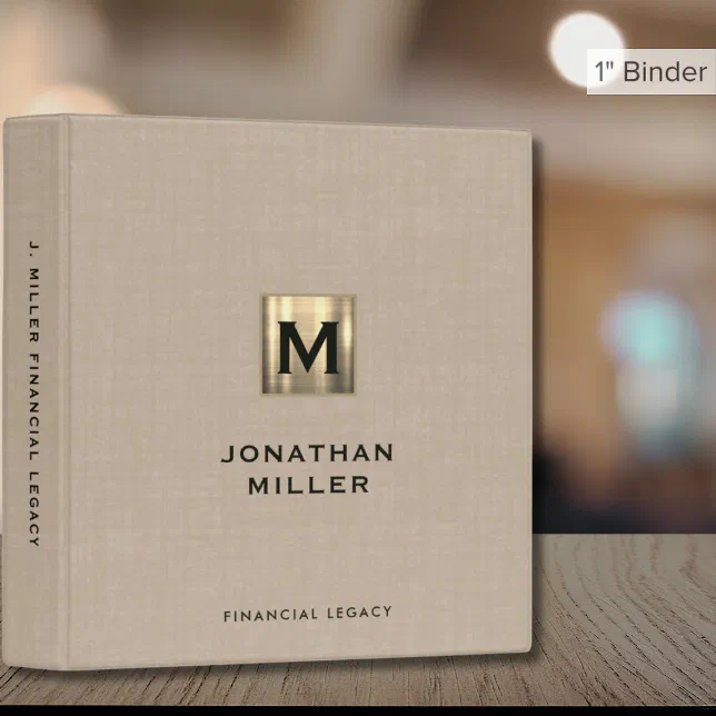 Legacy Binder Beige Linen Gold Monogram | Zazzle