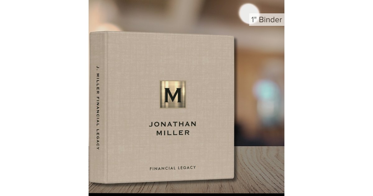 Legacy Binder Beige Linen Gold Monogram | Zazzle