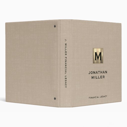 Legacy Binder Beige Linen Gold Monogram | Zazzle
