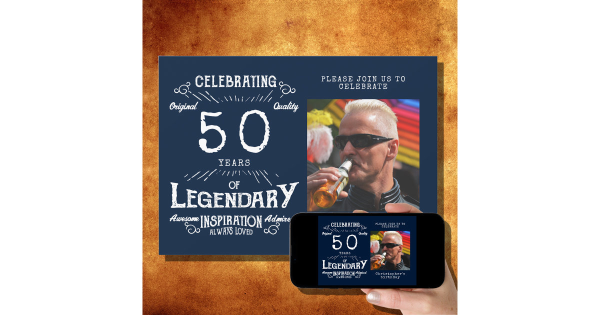 Legend 50th Birthday Photo Blue Vintage Invitation | Zazzle