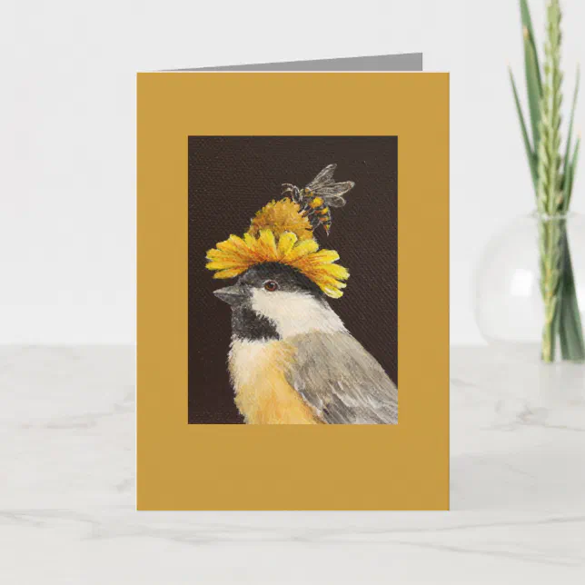 Leila the chickadee with bee and flower hat card | Zazzle
