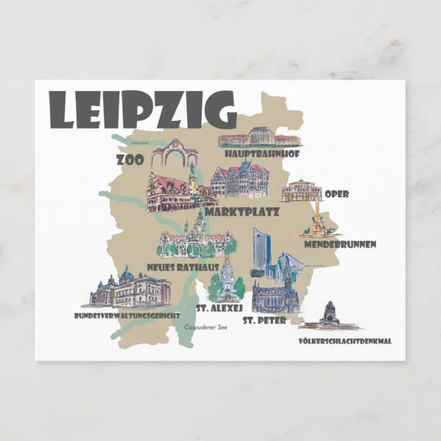 Leipzig Germany - Retro Map with Attractions Postcard | Zazzle
