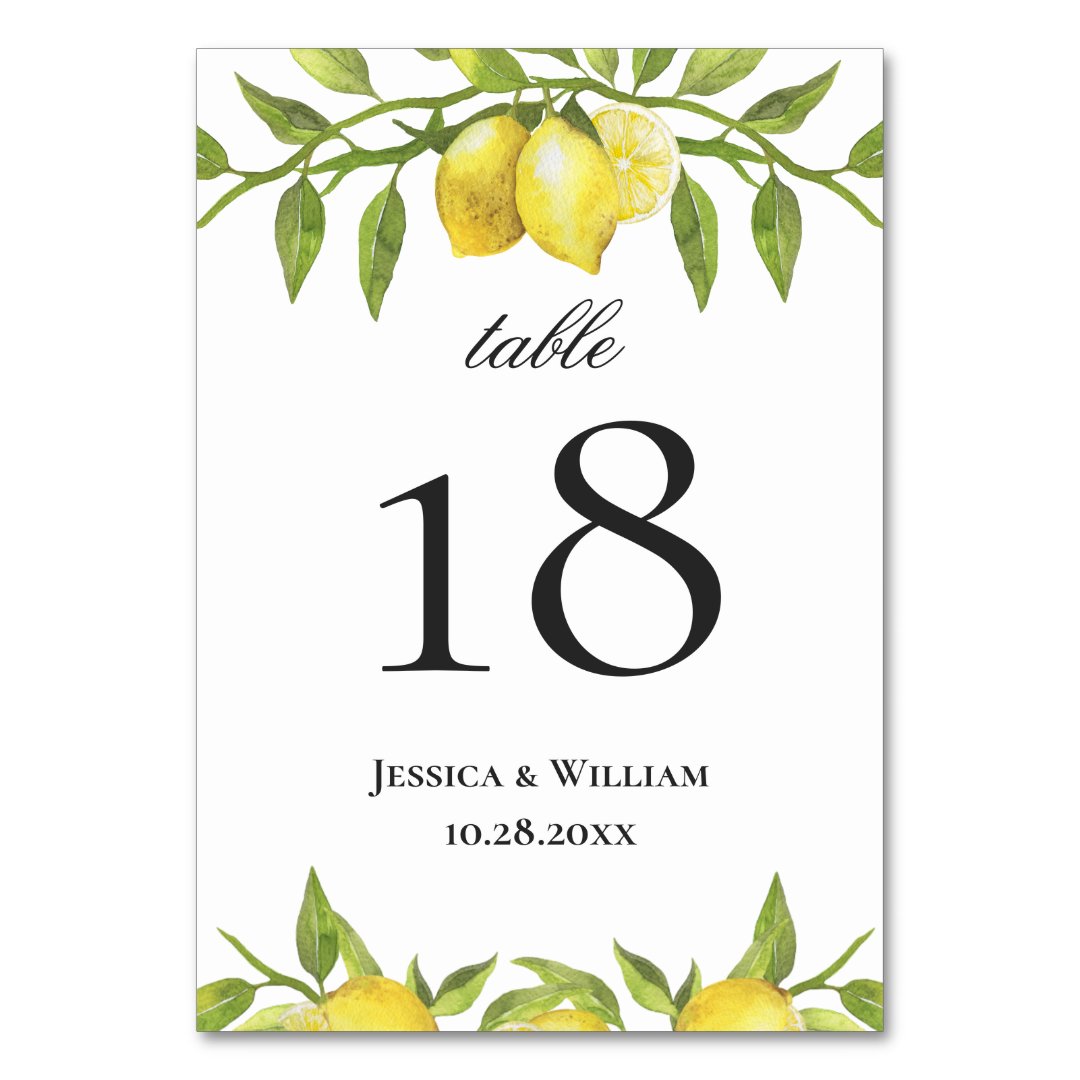 Lemon and Greenery Stylish Wedding Table Number | Zazzle