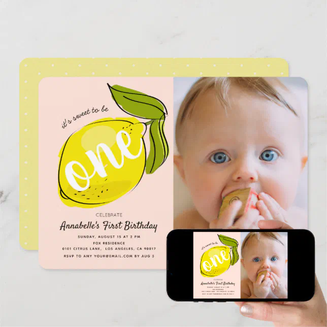 Lemon Baby Pink Photo 1st Birthday Invitation | Zazzle
