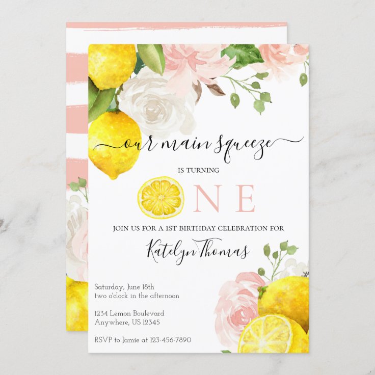 Lemon Birthday Invitation with Pink Flowers | Zazzle