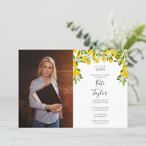 Lemon Blossom Floral Graduation Party Photo Invitation | Zazzle