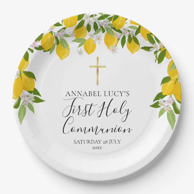 Lemon Blossom Greenery First Holy Communion Paper Plates | Zazzle