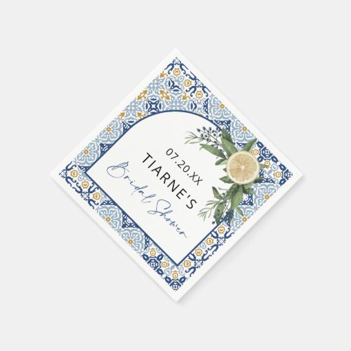 Lemon Blue Tile Custom Citrus Bridal Shower Napkins | Zazzle