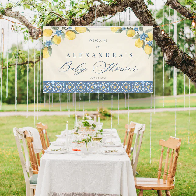 Lemon Blue Tiles Italian Baby Shower Banner | Zazzle