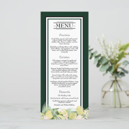 Lemon Border Emerald Green Wedding Flat Menu | Zazzle