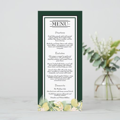 Lemon Border Emerald Green Wedding Flat Menu | Zazzle