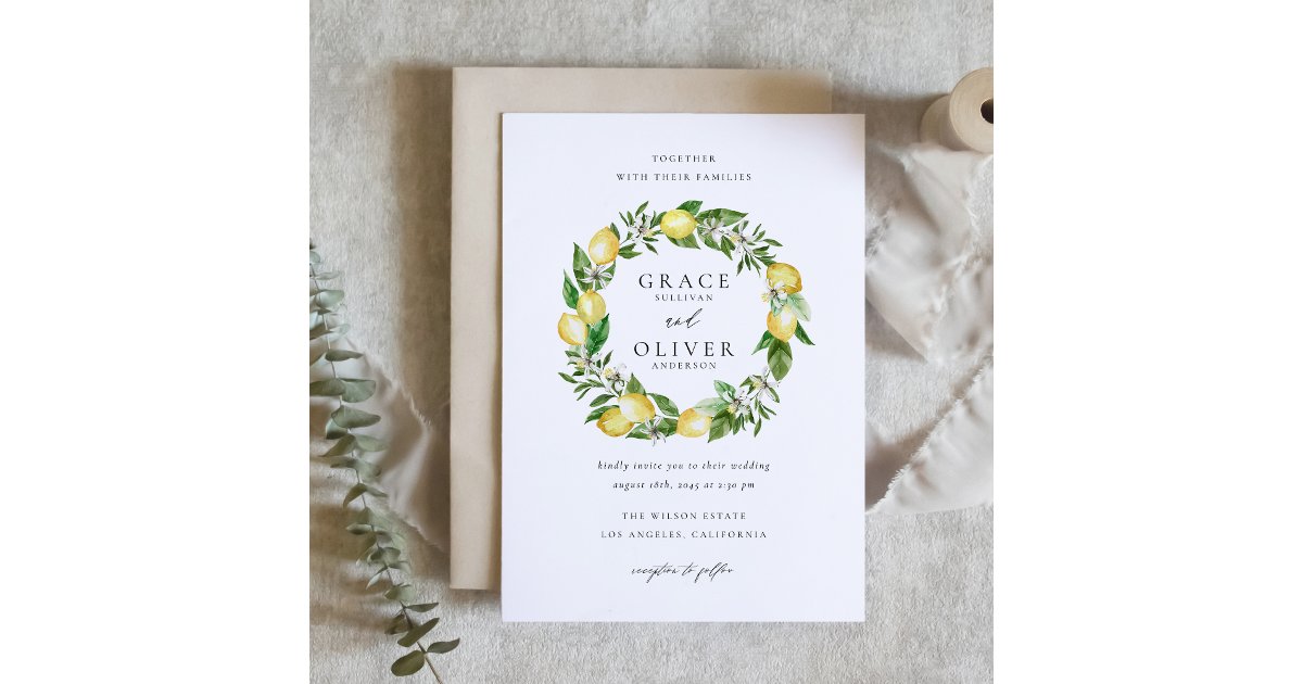 Lemon Botanical Wreath with Greenery Wedding Invitation Postcard | Zazzle