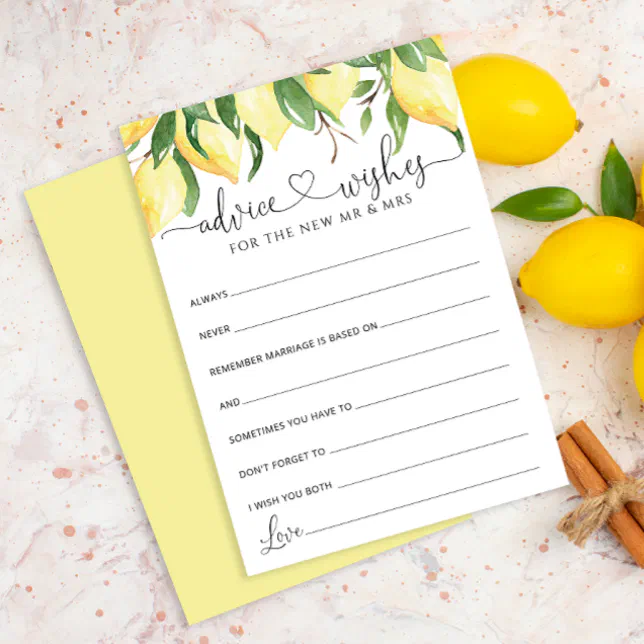 Lemon Bridal Shower Advice and Wishes Cards | Zazzle