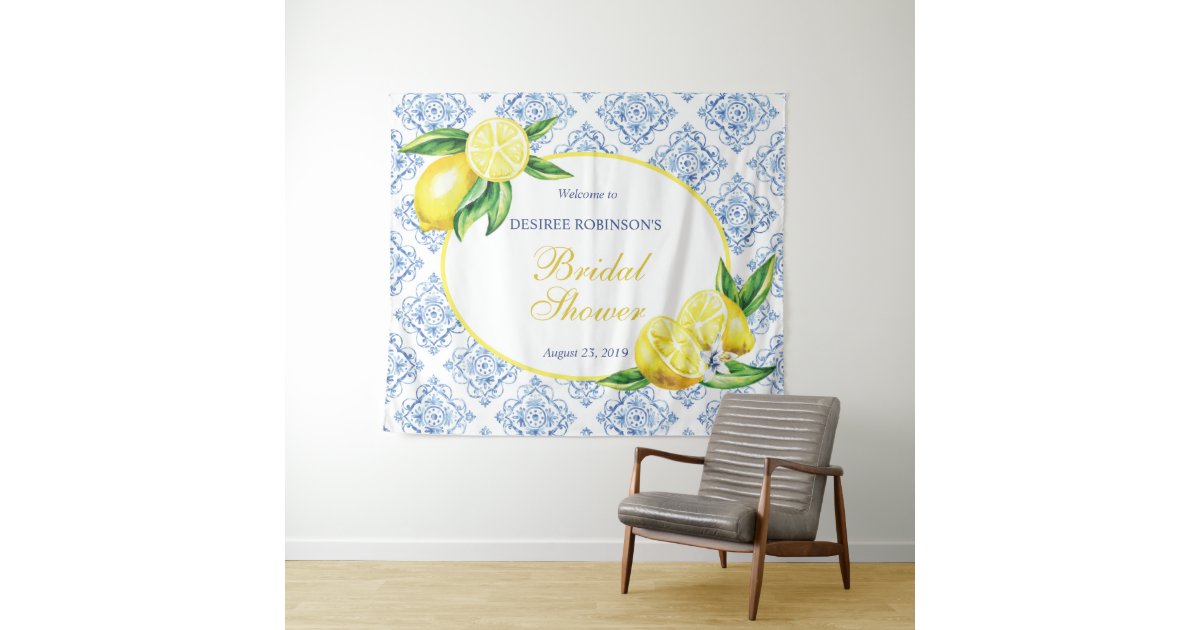 Lemon Bridal Shower Blue Tile Italian Backdrop | Zazzle