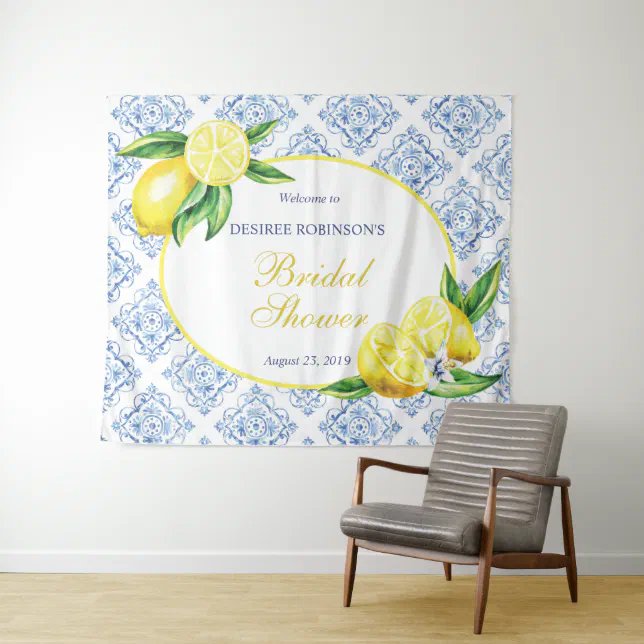 Lemon Bridal Shower Blue Tile Italian Backdrop | Zazzle