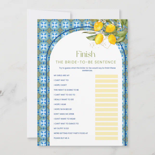 Lemon Bridal Shower Finish The Sentence Game Card | Zazzle
