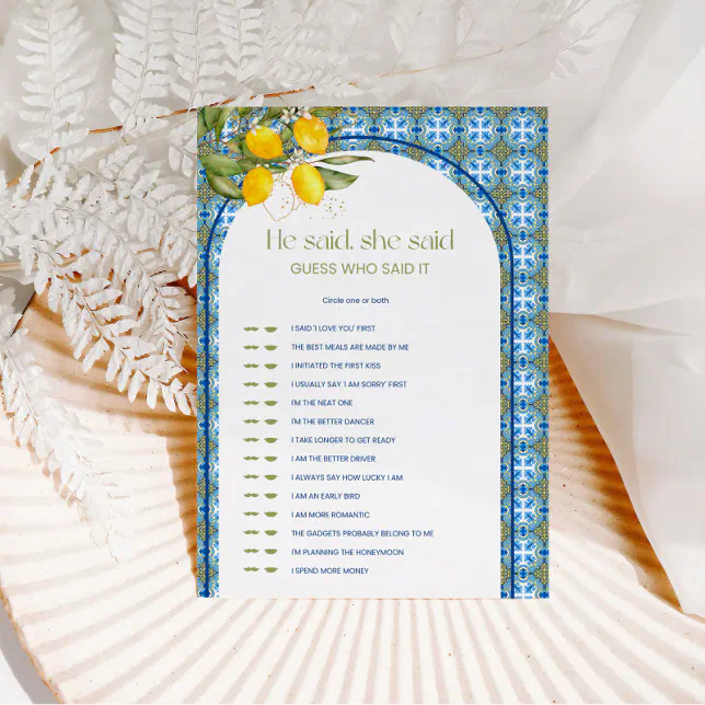 Lemon Bridal Shower He Said She Said Game Card | Zazzle