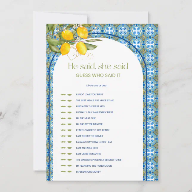 Lemon Bridal Shower He Said She Said Game Card | Zazzle