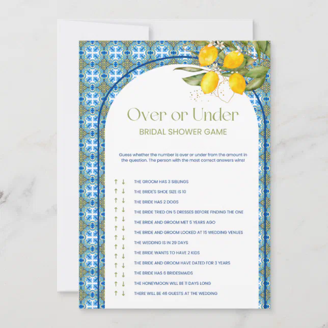 Lemon Bridal Shower Over Or Under Game Card | Zazzle