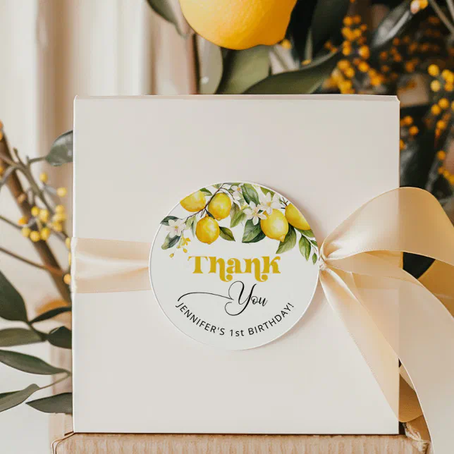 Lemon citrus birthday party thank you classic round sticker | Zazzle