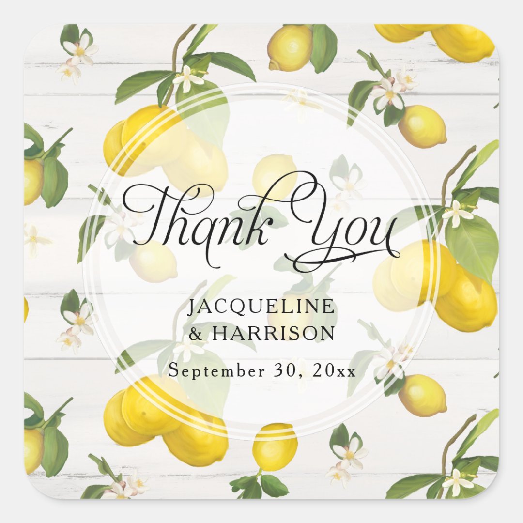 Lemon Citrus Floral Greenery Gray Rustic Thank You Square Sticker | Zazzle