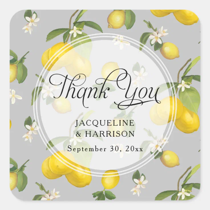Lemon Citrus Floral Greenery Grey Yellow Thank You Square Sticker | Zazzle