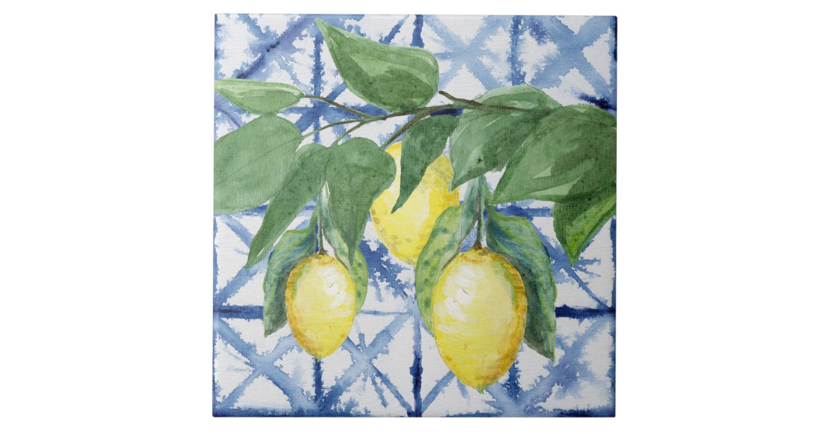 Lemon Citrus Foliage Blue White Pattern Watercolor Ceramic Tile | Zazzle