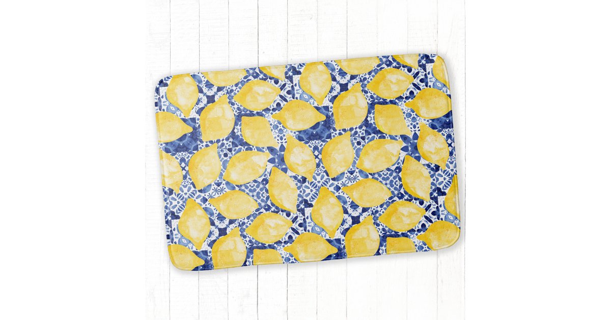 Lemon Citrus Mediterranean Blue White Tile Bath Mat | Zazzle