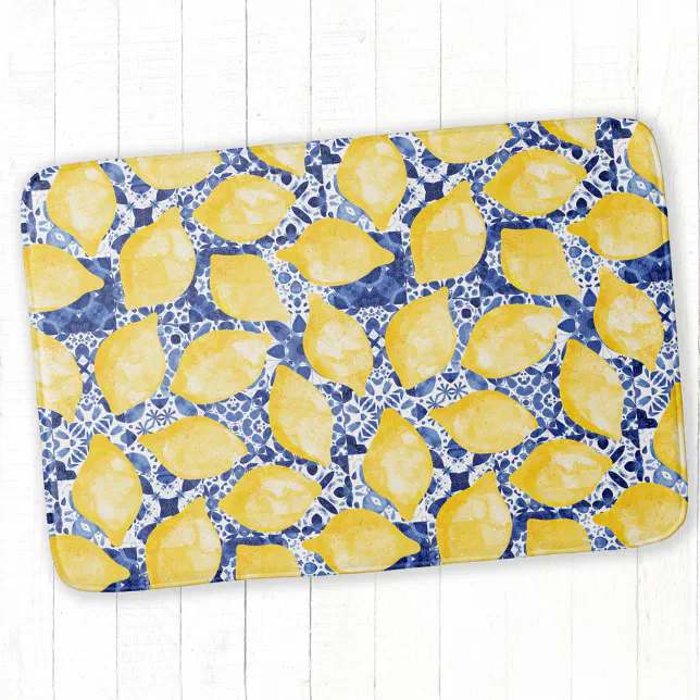 Lemon Citrus Mediterranean Blue White Tile Bath Mat | Zazzle