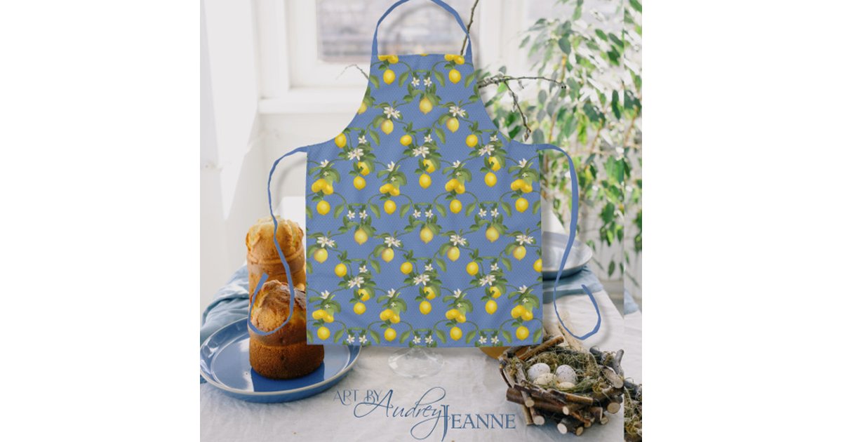 Lemon Citrus Trellis French Country Farmhouse Blue Apron | Zazzle