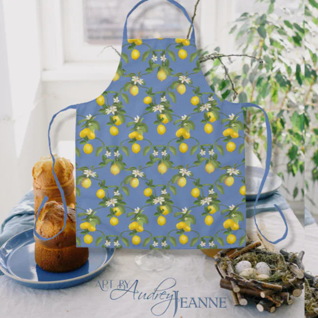 Lemon Citrus Trellis French Country Farmhouse Blue Apron | Zazzle