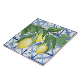 Lemon Citrus Watercolor Foliage Blue White Pattern Ceramic Tile | Zazzle