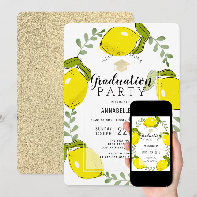Lemon Citrus Wreath Gold Glitter Graduation Invitation | Zazzle