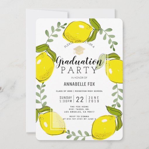 Lemon Citrus Wreath Gold Glitter Graduation Invitation | Zazzle