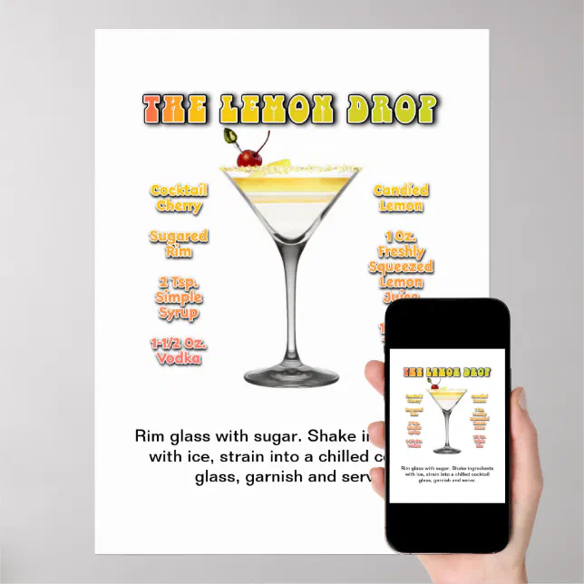 LEMON DROP MARTINI 18"x24" Cocktail Recipe Art Poster | Zazzle