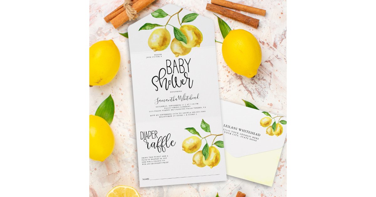 Lemon Drop Watercolor Diaper Raffle Baby Shower All In One Invitation ...