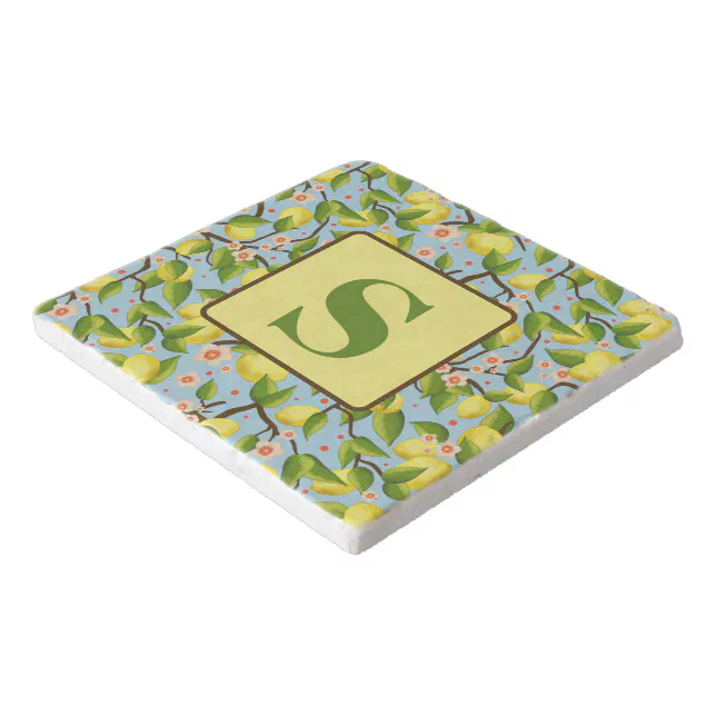 Lemon Floral Pattern Pretty Custom Initial Trivet | Zazzle