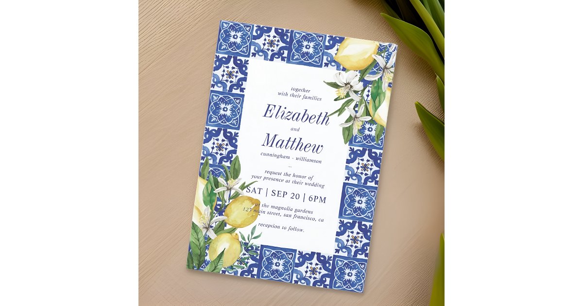 Lemon Foliage Blue Mediterranean Wedding Invitation | Zazzle