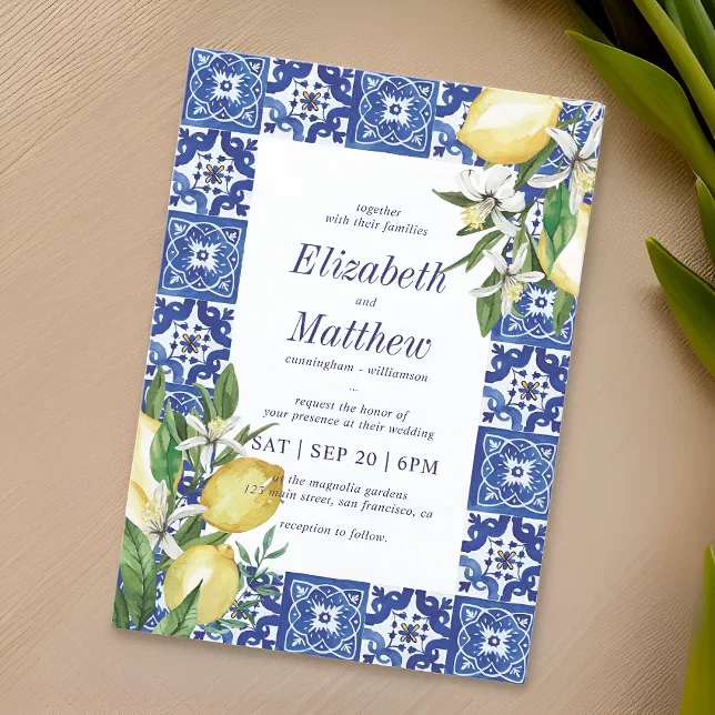 Lemon Foliage Blue Mediterranean Wedding Invitation | Zazzle