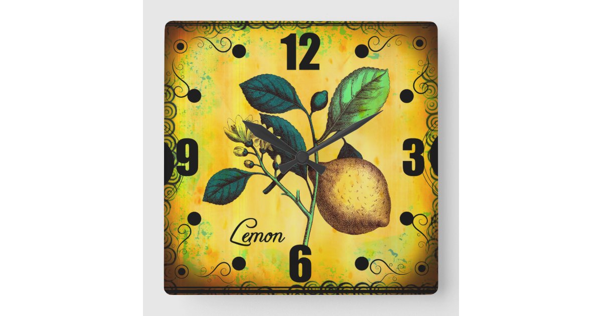 Lemon Fruit Flowers Leaves Vintage Botanical Square Wall Clock | Zazzle