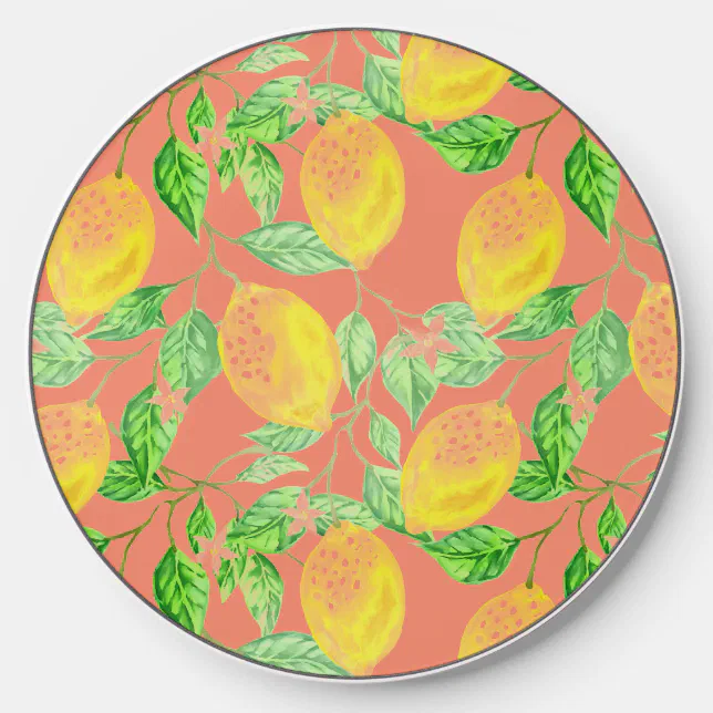 Lemon fruit pattern yellow and peach pink wireless charger | Zazzle