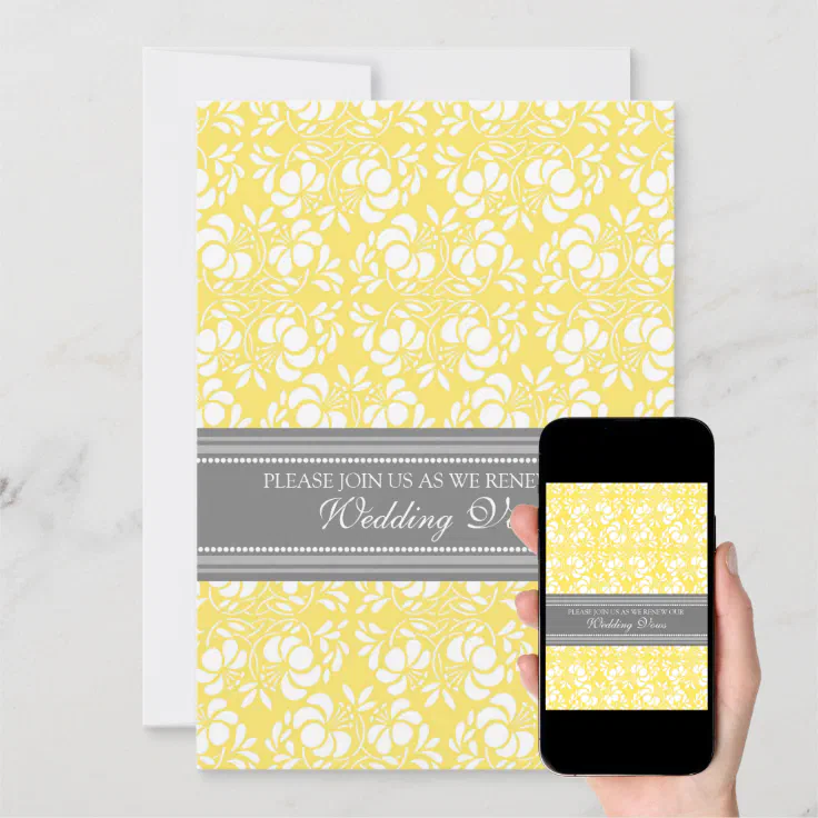 Lemon Gray Damask Wedding Vow Renewal Invitations | Zazzle