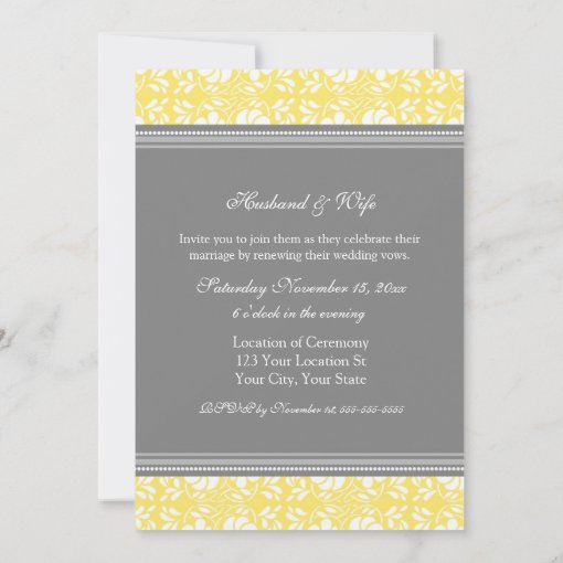 Lemon Gray Damask Wedding Vow Renewal Invitations | Zazzle
