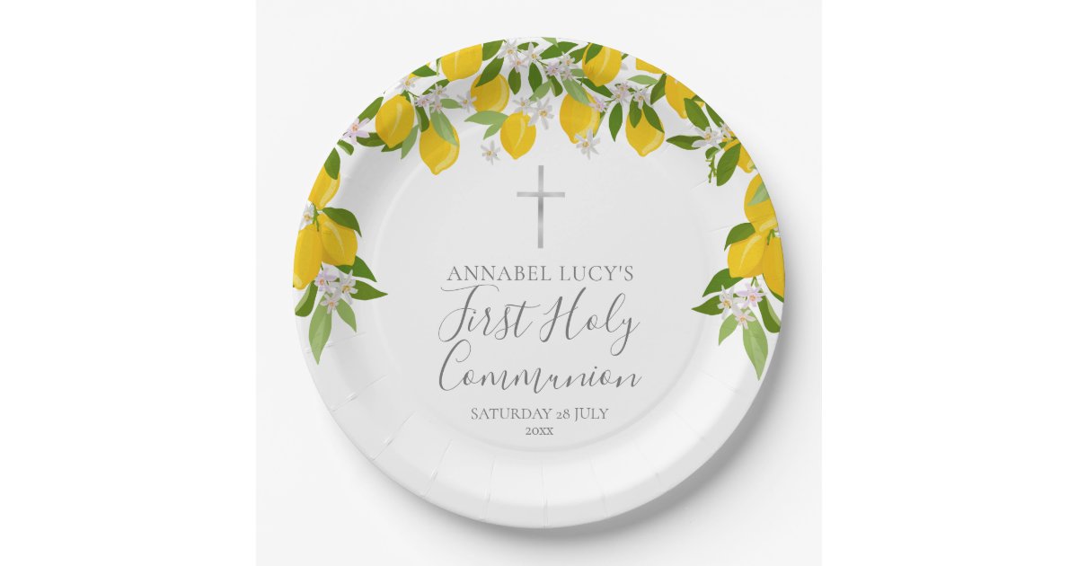 Lemon Greenery First Holy Communion Paper Plates | Zazzle