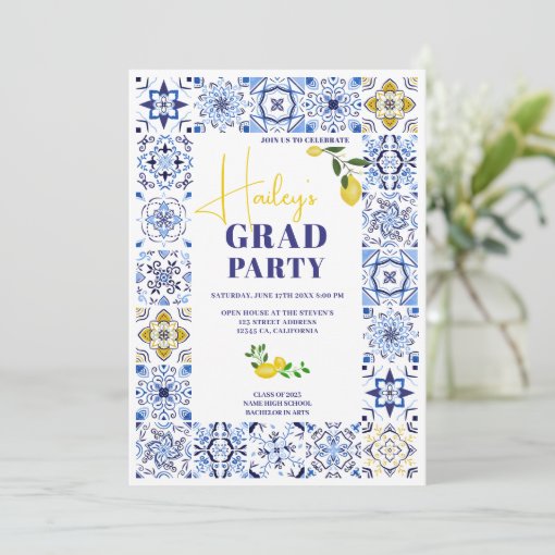 Lemon Italian blue tiles watercolor graduation Invitation | Zazzle