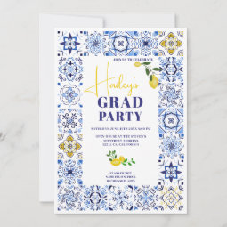 Lemon Italian blue tiles watercolor graduation Invitation | Zazzle