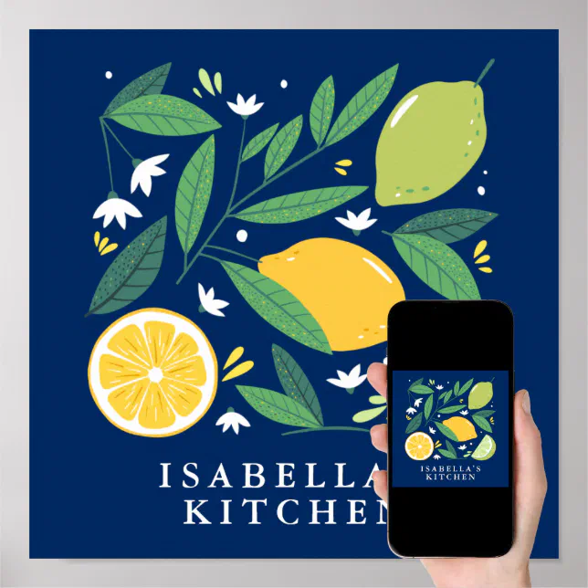 Lemon Lime Fruit Design Blue Personalized Kitchen Poster | Zazzle
